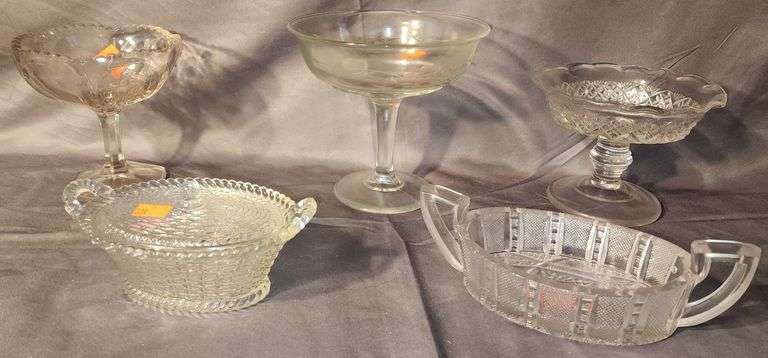 (3) Glass Pedestal Compote, Glass Handled Trinket Dish, Clear Glass ...