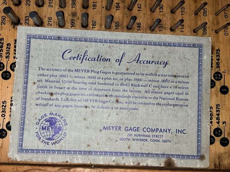 Meyer gage set in wood box w/ certification of accuracy - Metzger ...