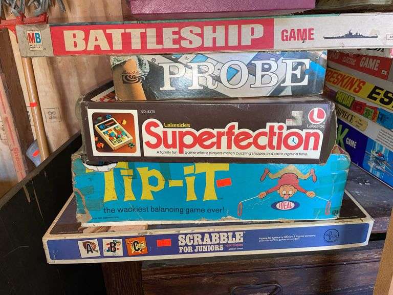 Board game assortment including superfection, scrabble jr, battleship ...