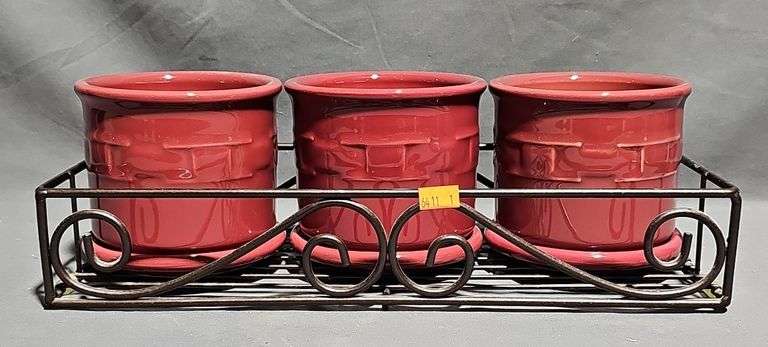 (3) Longaberger Pottery Crocks with Metal Display Rack 4" - Metzger ...