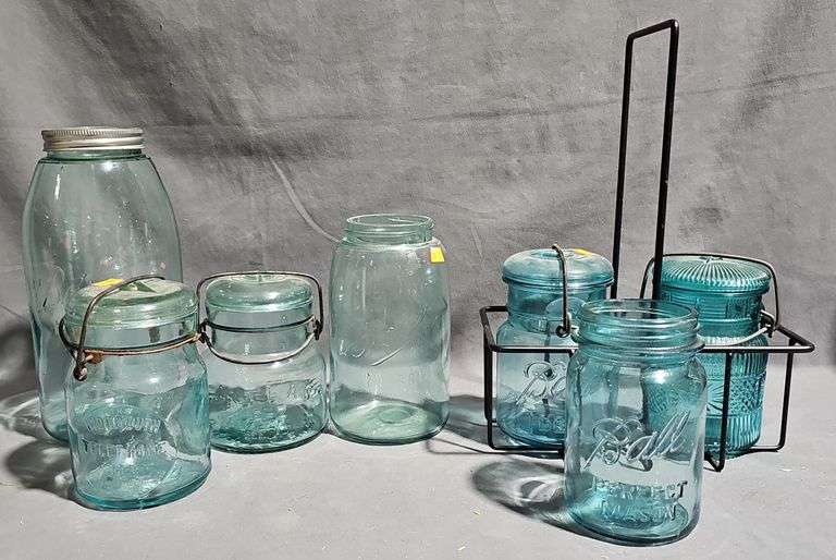 (7) Blue Ball Perfect Mason Jars with Metal Stand, Avon Jar, and Atlas ...