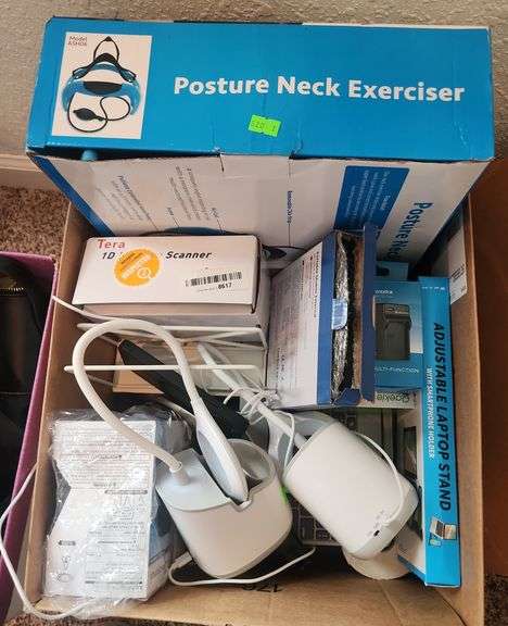 Posture neck exerciser, Bar code scanner, desk lights, headphones ...