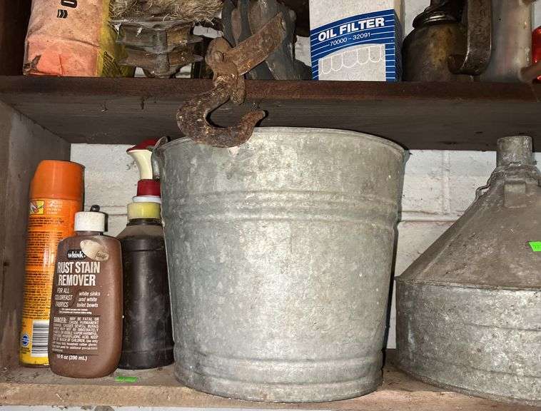 Galvanized pail and funnel, oil can, oil filter, light bulbs, misc ...