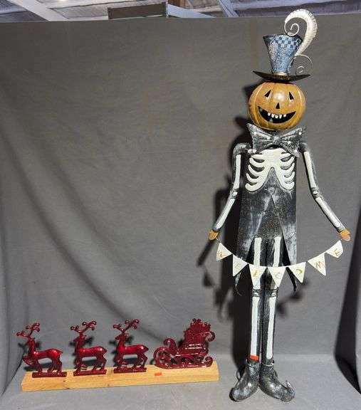 Holiday decor, Deer with sleigh 21" and tin pumpkin skeleton 35 ...