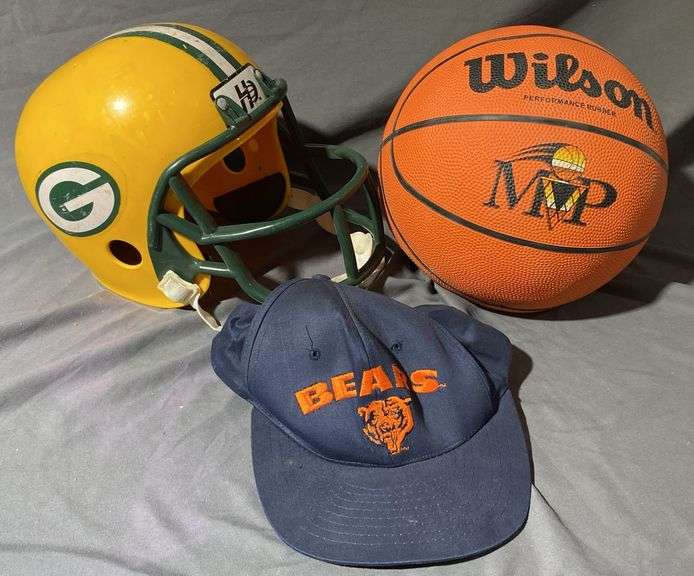 Plastic Green Bay Packers Helmet, Bears Hat, Wilson Basketball ...