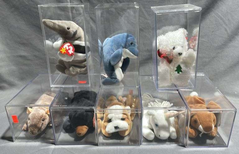 (8) TY Beanie Babies in plastic display cases including wrinkles ...