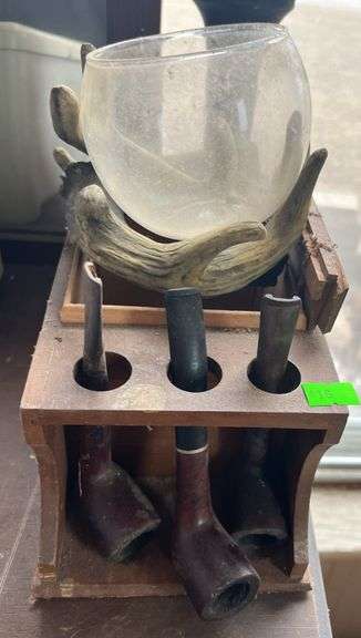 Smoking pipes and stand - needs repair, glass bowl with faux antler ...
