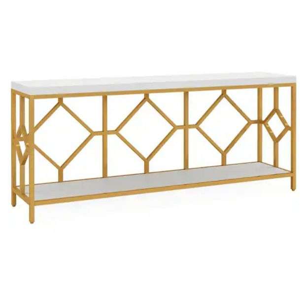 Turrella 70.9 in. White Gold Rectangle Wood Sofa Console Table with ...