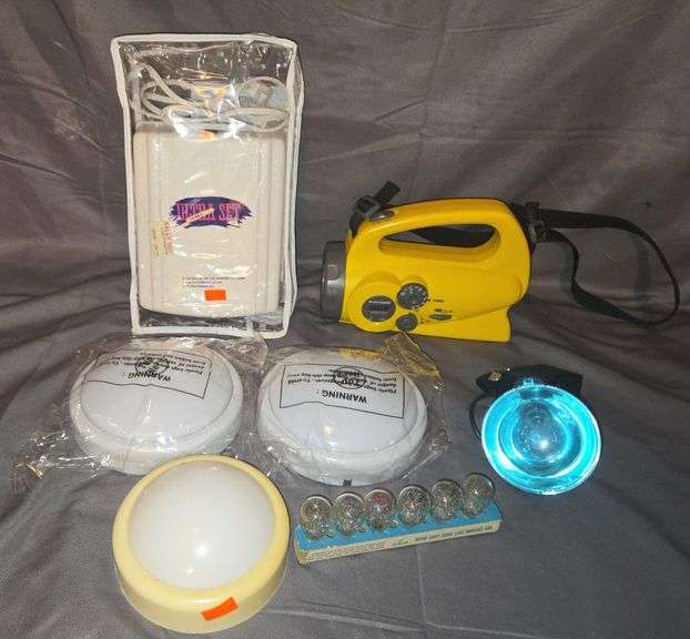 (3) Electric Stick-On Lights, Flash Bulbs, Suntone AM/FM Flashlight ...