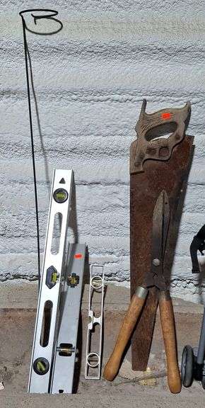 3 - Metal Levels, Wood Handled Hand Saw & Wood Handled Hedge Clippers ...