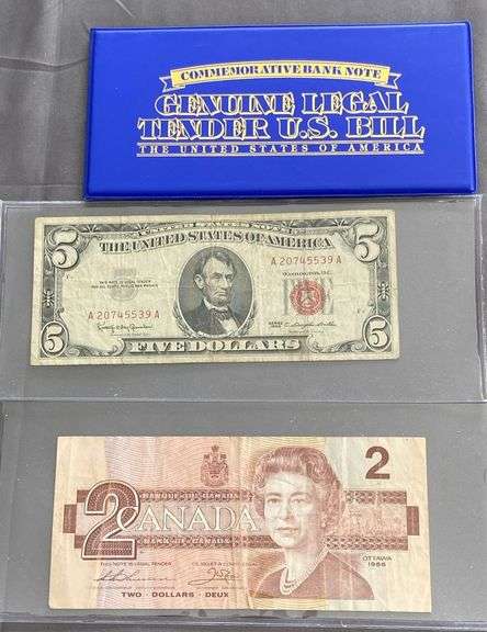 1986 $2 Canadian Note, 1963 $5 Red Seal Note, 2021 Morgan Silver Dollar ...