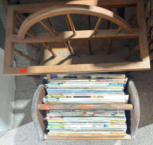 2 Wood magazine racks and magazine assortment 19x10x18", 13x9z12 ...