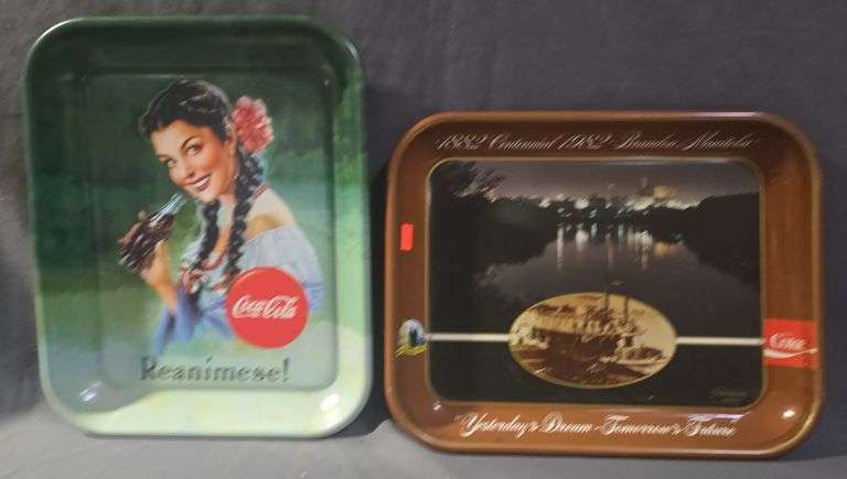 Enjoy Coke 1882 Centennial & Coca-Cola Reanímese Tin Trays 13" x 10.5 ...