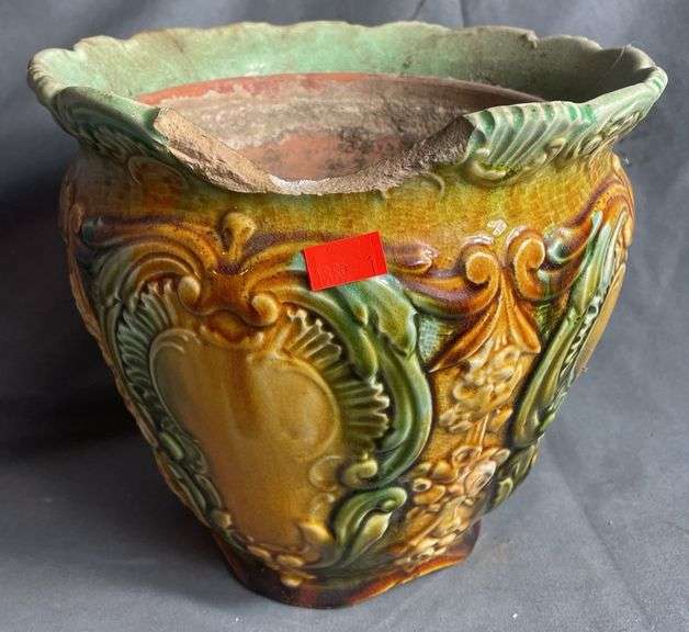 Decorative jardiniere style ceramic planter (broken) & terracotta ...