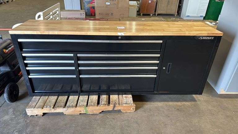 Husky 84 in. W x 18 in. D 9-Drawer Mobile Workbench with Wood Top in ...