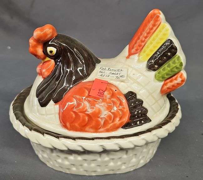 Unmarked Ceramic Red Rooster Covered Candy Dish 6.5” - Metzger Property ...