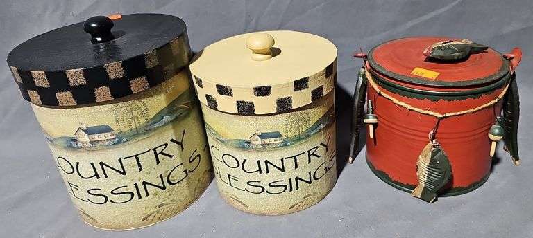 (2) Nesting Primitive Canisters, Metal Decorative Fisherman Theme Pail ...