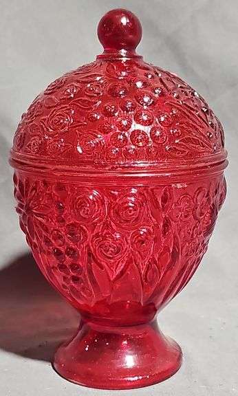 Avon red glass pedestal covered candy dish 6”H - Metzger Property ...