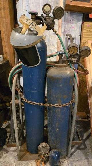 Oxygen and Acetylene Tanks with Regulators, Welding Torch, and ...