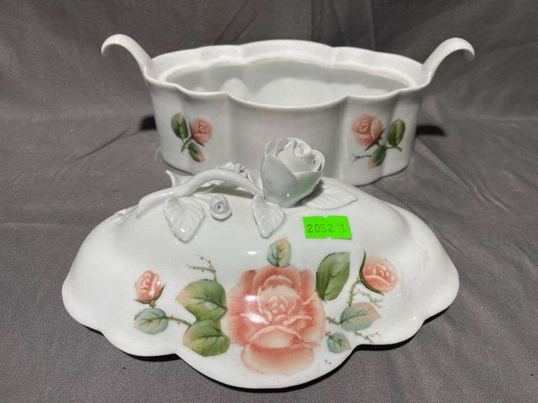 Covered Porcelain Server With Floral Motif - Metzger Property Services, LLC
