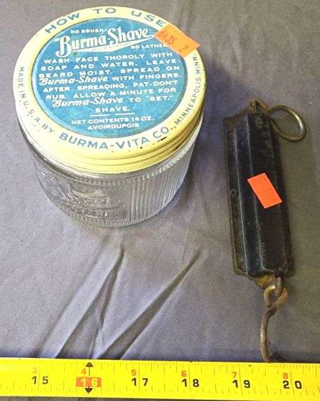 Burma Shave Glass Jar With Lid and Spring Scale - Metzger Property ...