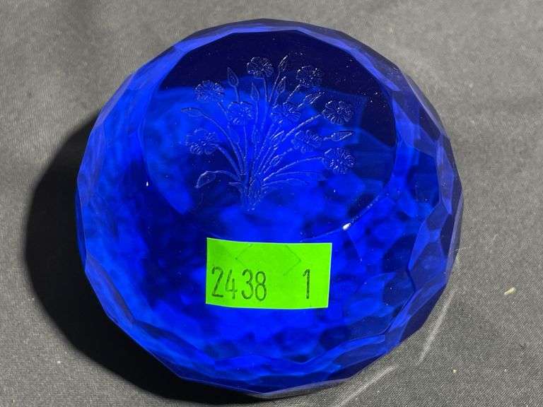 Blue Cut Glass Paperweight with Floral Etching - Metzger Property ...
