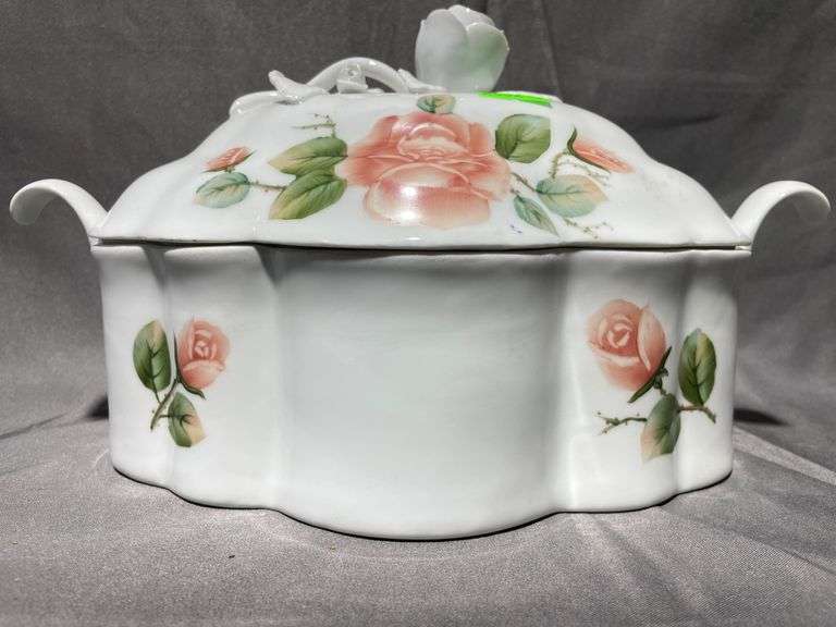 Covered Porcelain Server With Floral Motif - Metzger Property Services, LLC