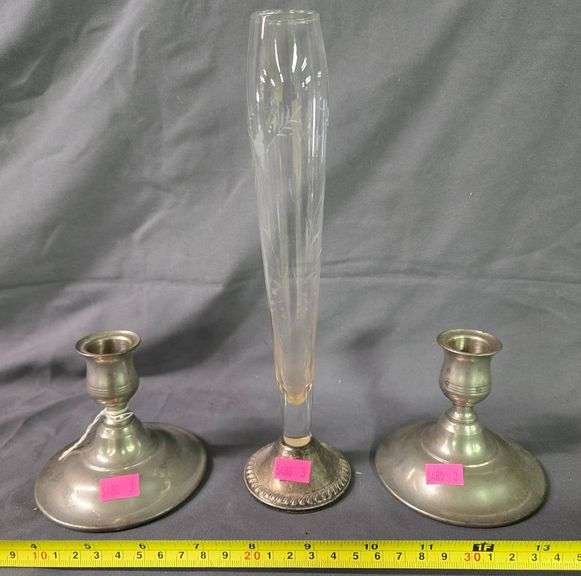 Pair of Kirk Stieff Candlestick Holders and Glass Vase with Sterling ...