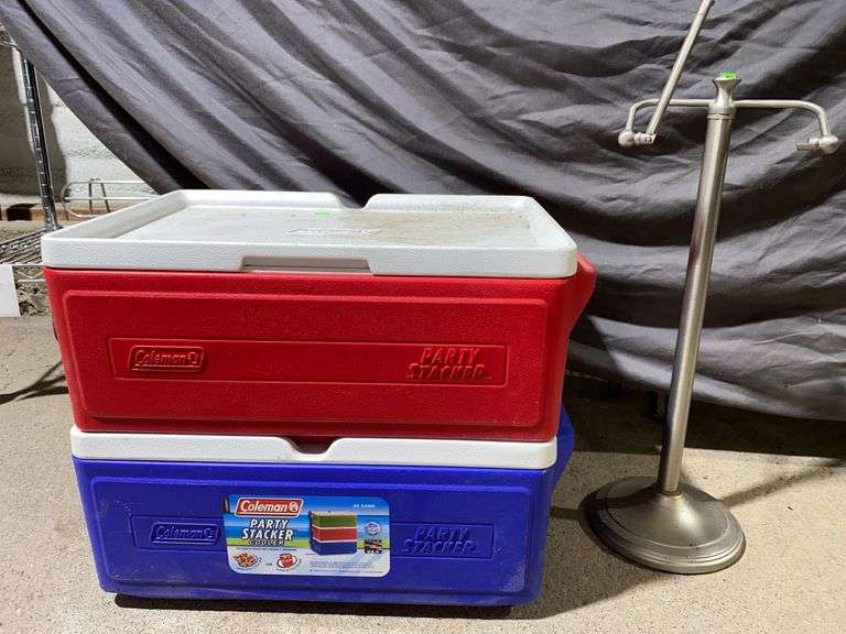 Two Coleman Party Stacker Coolers and Freestanding Toilet Paper Holder ...
