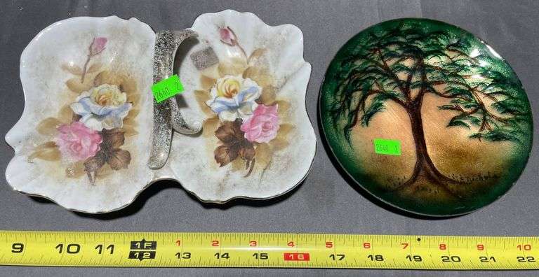 Porcelain Handled Tray with Floral Design and Green Tree Plate ...