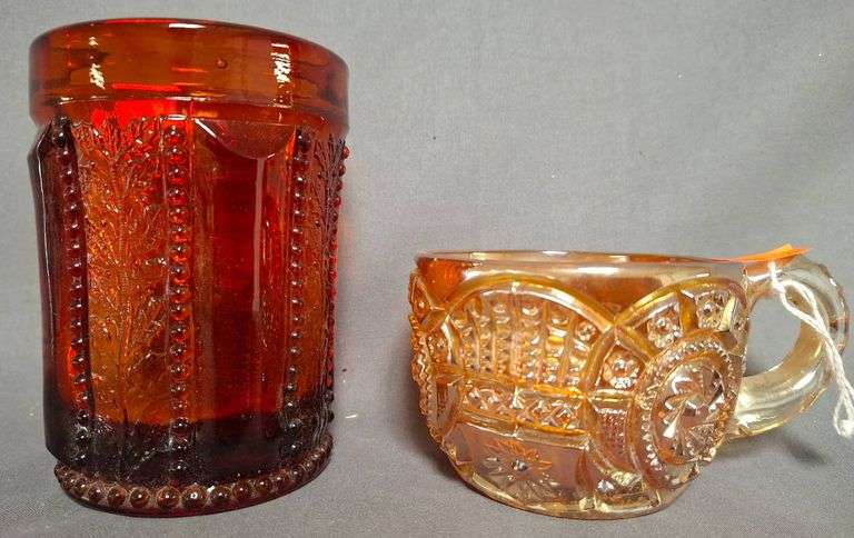 Amber-Colored Pressed Glass Tumbler and Iridescent Glass Punch Cup ...