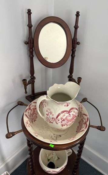 Washstand with Mirror and Matching Porcelain Basin, Pitcher and Chamber ...