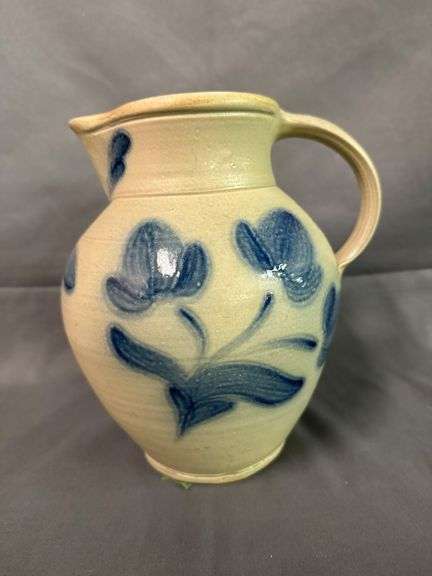 Wisconsin Pottery Stoneware Pitcher with Blue Floral Design 8.5 ...