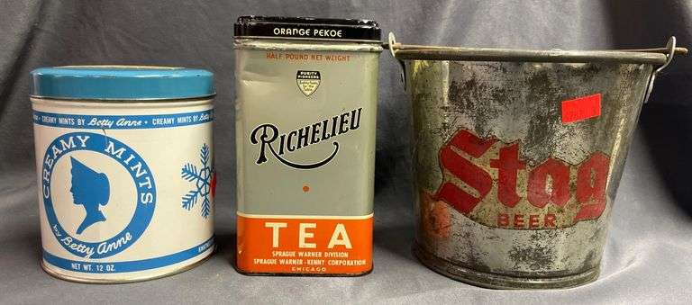 Three Metal Tins: Stag Beer Bucket, Richelieu Tea and Creamy Mints ...