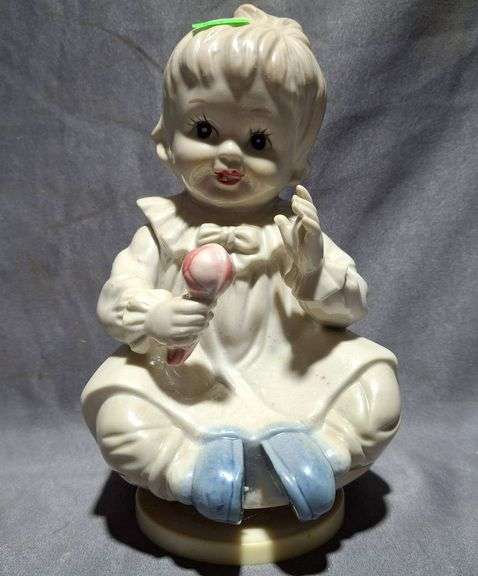 Porcelain Figurine of Baby Holding Rattle with Music Box Base - Metzger ...