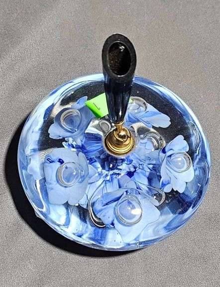 Joe St Clair Glass Paperweight with Internal Blue Floral Design and ...