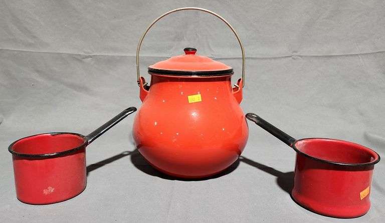 Red Enamel Lidded Cooking Pot, (2) red enamel small sauce pans (8.5" H ...
