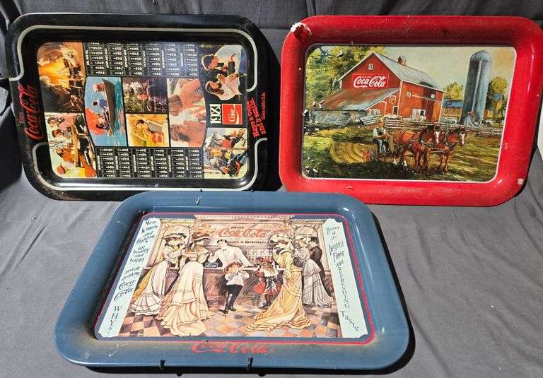 Set of Three Coca-Cola Metal Trays Featuring Various Designs, 17.5in x ...
