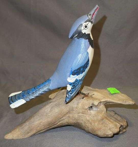Wood Carved Blue Jay on Driftwood 7x6 - Metzger Property Services, LLC