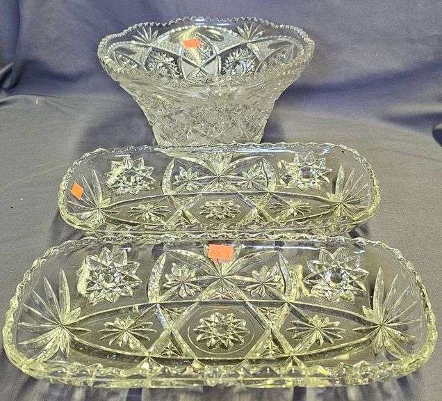 Crystal Bowl and Two Matching Trays with Etched Design - Metzger ...