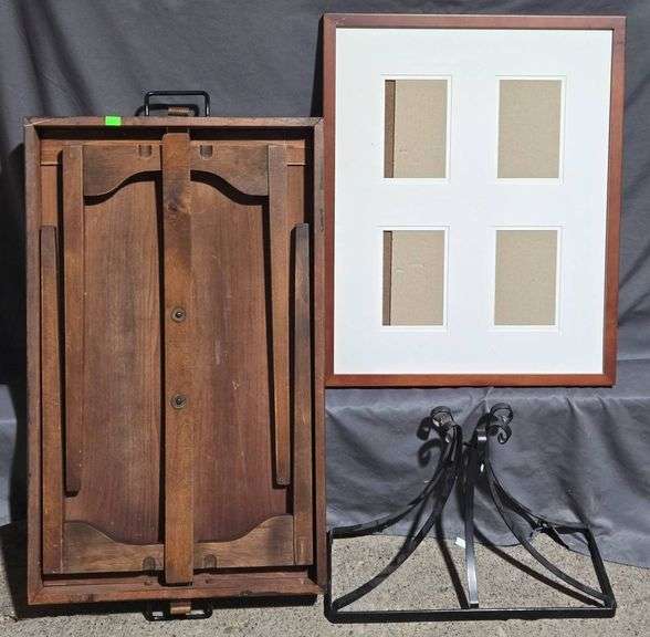 Folding Wood Table, Four-Slot Picture Frame, and Metal Display Shelf ...