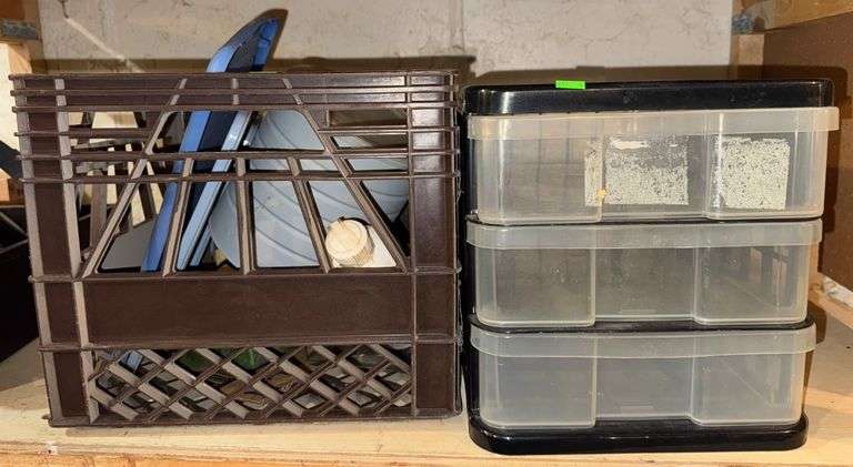 Brown Plastic Crate with Tools, Paint, Black Powder Solvent, Misc 13 ...