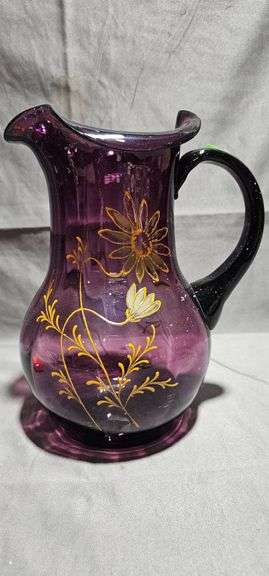 Purple Glass Pitcher with Gold Floral Accents, 9.5″ H - Metzger ...
