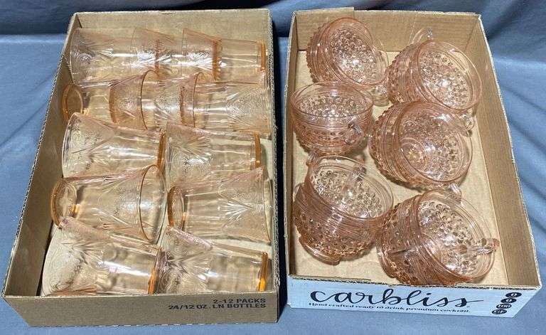 Set of Pink Depression Glass Cups and Glasses with Etched and Patterned ...