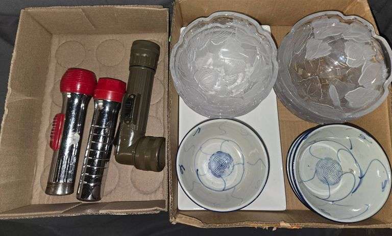 Flashlights, Clear Glass Bowls, and Porcelain Bowls with Floral ...