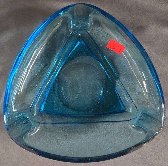 Blue Glass Triangular Ashtray with Grooved Details - Metzger Property ...