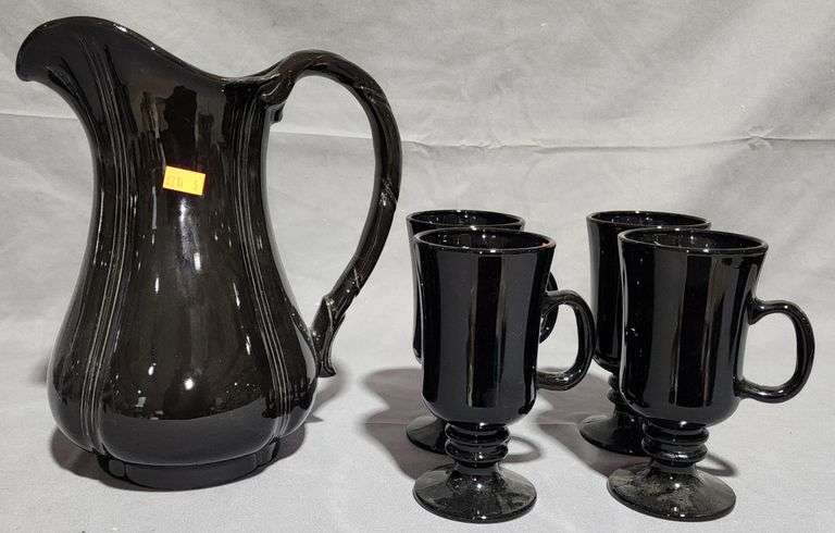 1992 Haeger American Made Black Pitcher & 4 Black Glass Pedestal ...