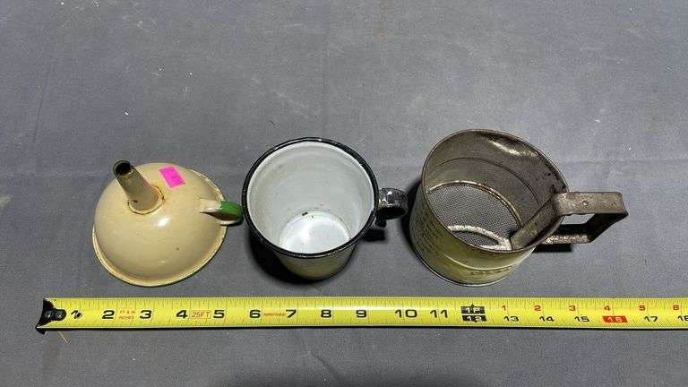 Schlatter Hardware flour sifter, enamel mug & funnel - Metzger Property ...