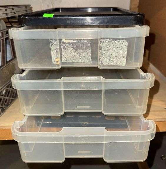 Brown Plastic Crate with Tools, Paint, Black Powder Solvent, Misc 13 ...