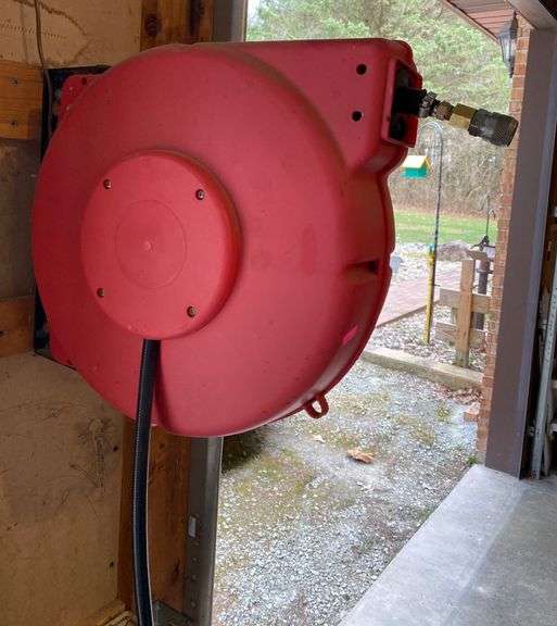 Wall-Mounted Retractable Air Hose Reel with Air Hose Attachments - Metzger Property Services, LLC